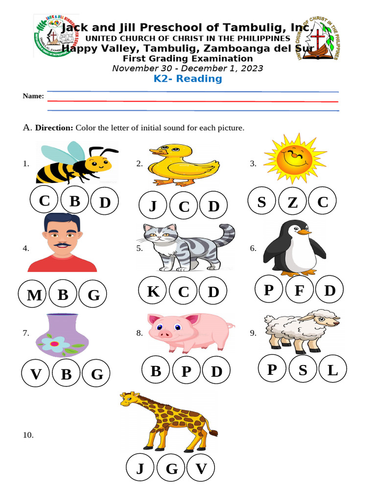 K2 Reading Exam for Jack and Jill Preschool | PDF