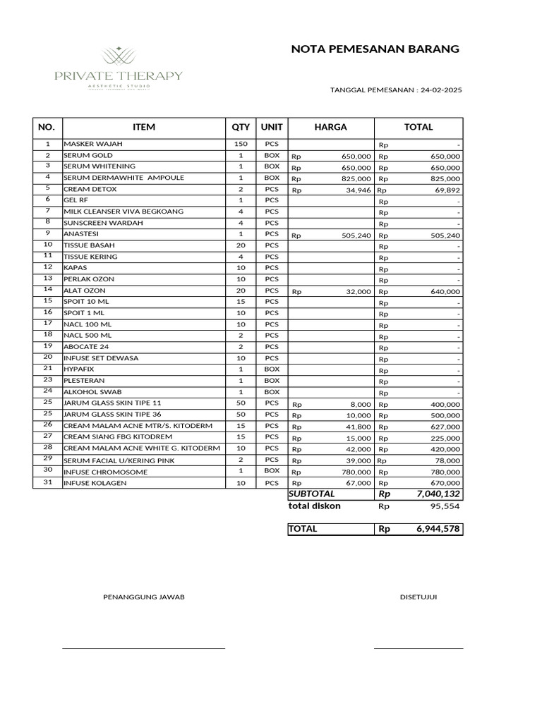 Nota Pemesanan Paket Skin Care 2025 | PDF