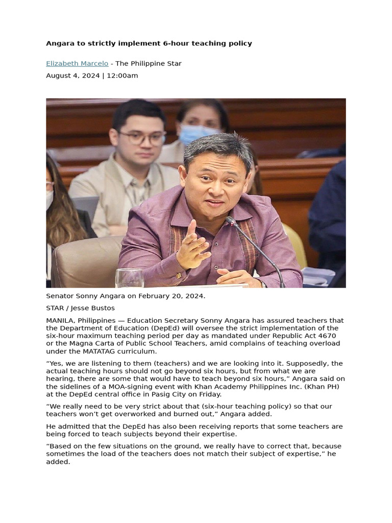 Angara To Strictly Implement 6-Hour Teaching Policy | PDF | Teachers