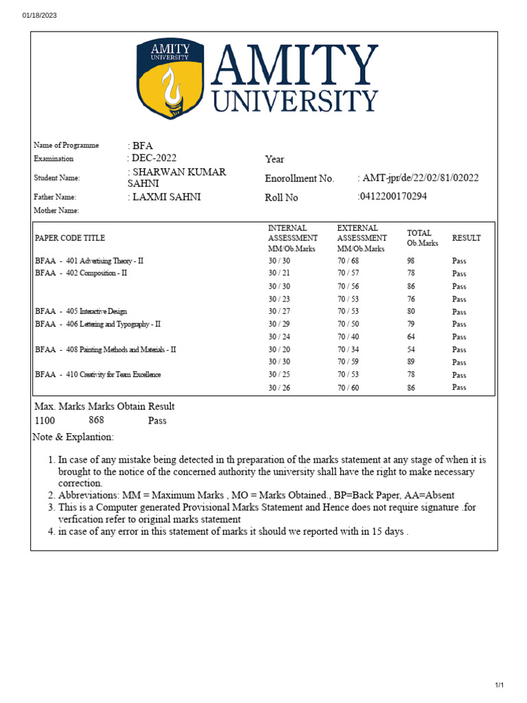 BFA IV Semester Provisional Marks Statement | PDF | Computing