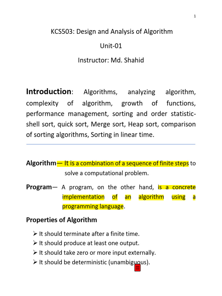 Unit 01 DAA Shahid 230918 222142 | PDF | Algorithms | Time Complexity