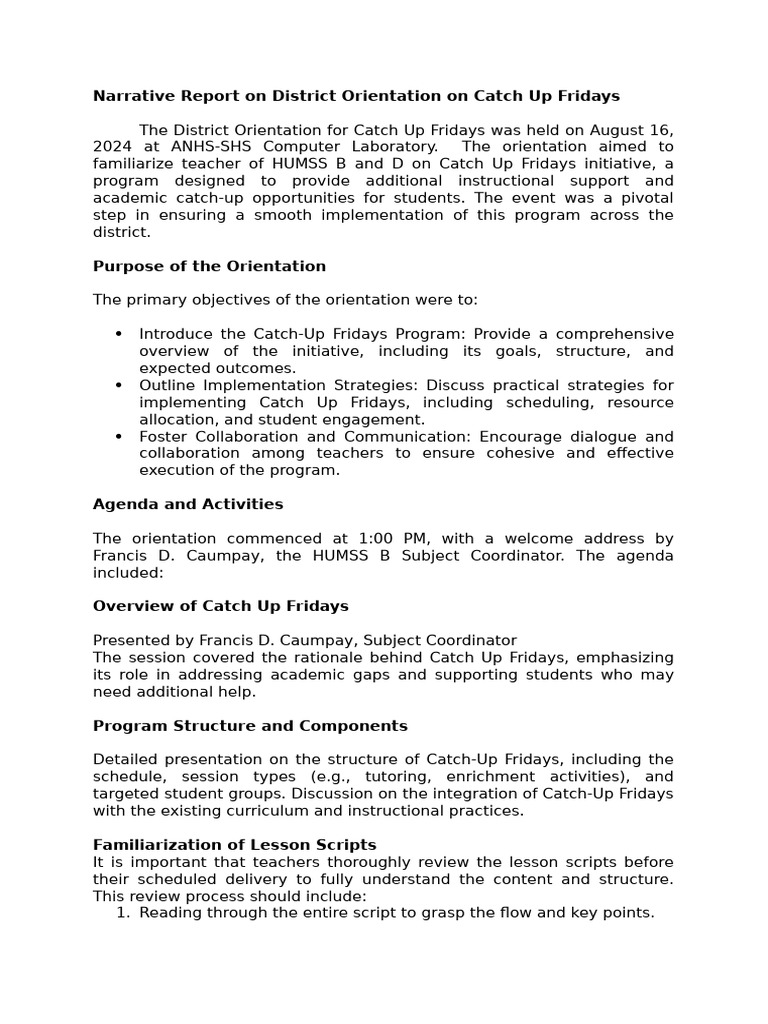 Narrative Report On District Orientation On Catch Up Fridays | PDF | Teachers | Learning