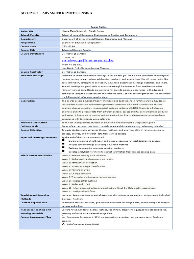 The Course Outline GEO 3239-1 - ADVANCED REMOTE SENSING | PDF | Remote ...