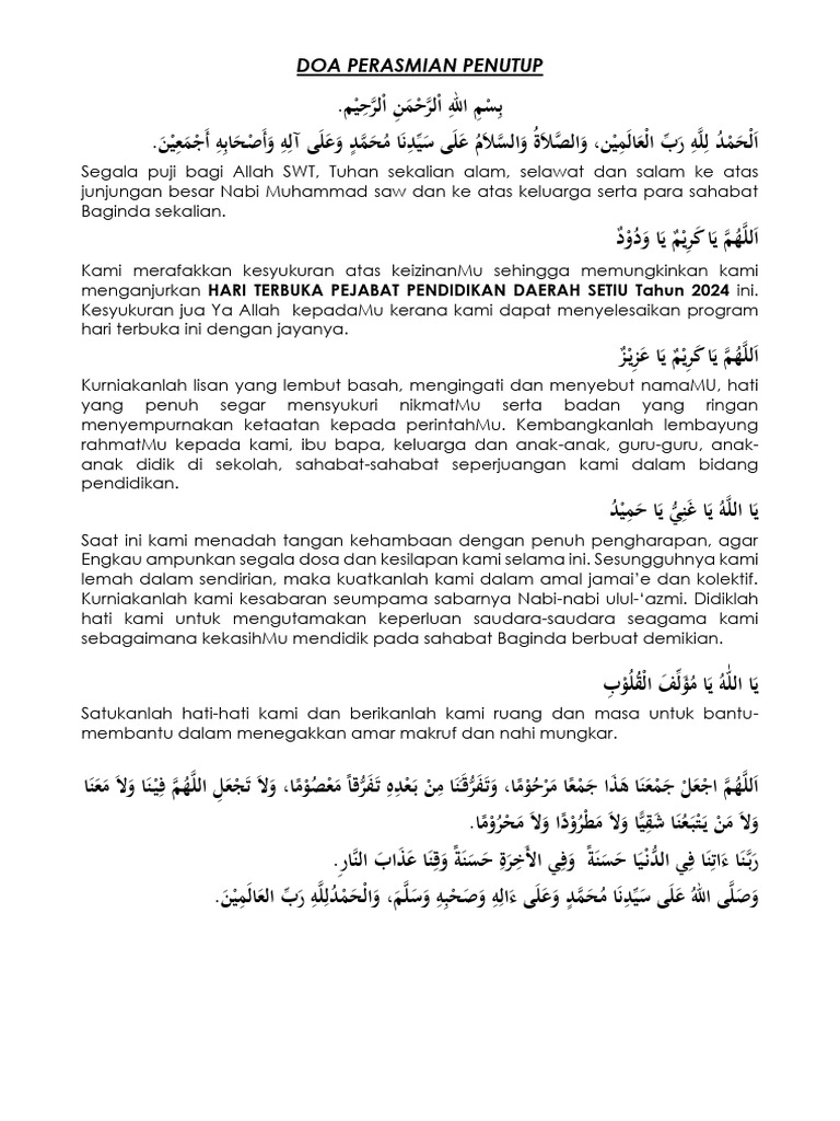 Doa Perasmian Penutup Hari Terbuka PPDS | PDF