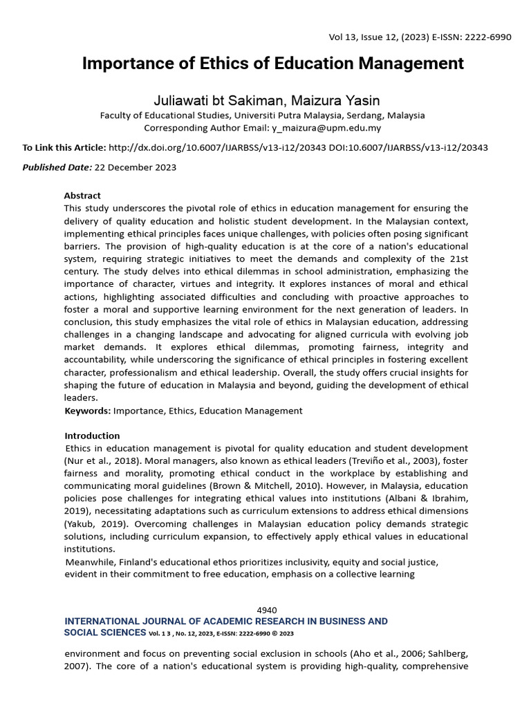 Importance of Ethics of Education Management | PDF | Leadership | Integrity