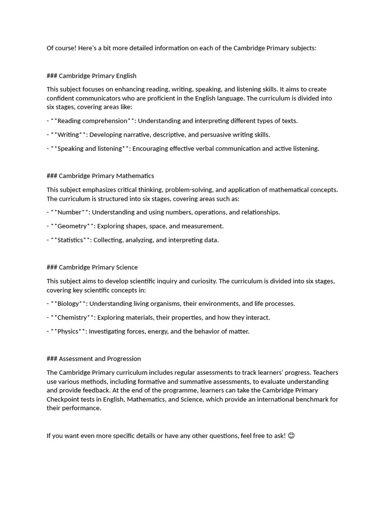 The Cambridge Primary curriculum offers a broad and balanced education ...