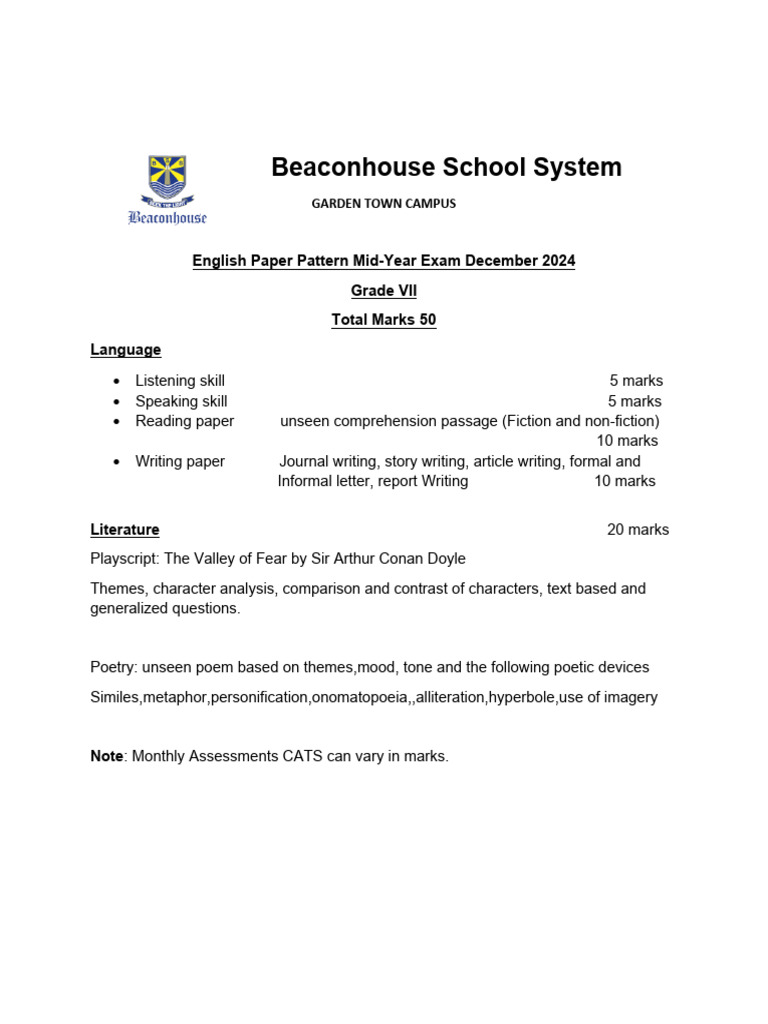 English Paper Pattern VII (Mid Year Examination) | PDF