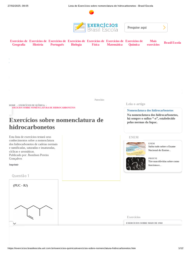 Lista de Exercícios Sobre Nomenclatura de Hidrocarbonetos - Brasil Escola | PDF | Benzeno ...