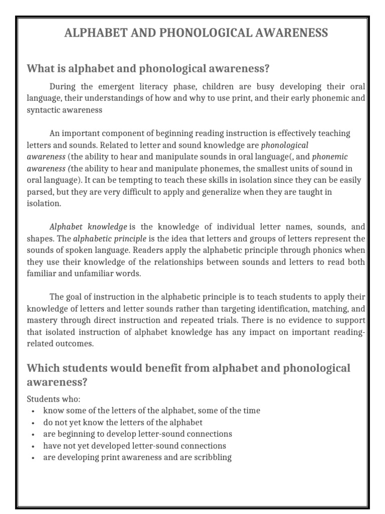 What Is Alphabet and Phonological Awareness? | PDF | Phonics ...