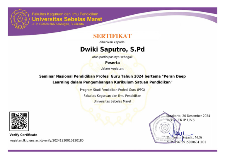 Sertifikat Seminar Seminar Nasional Pendidikan Profesi Guru Tahun 2024 Bertema - Peran Deep ...