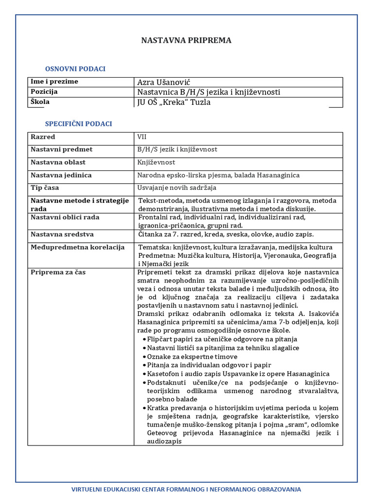 Nastavna-pripema_Knjizevnost_Narodna-balada_Hasanaginica | PDF