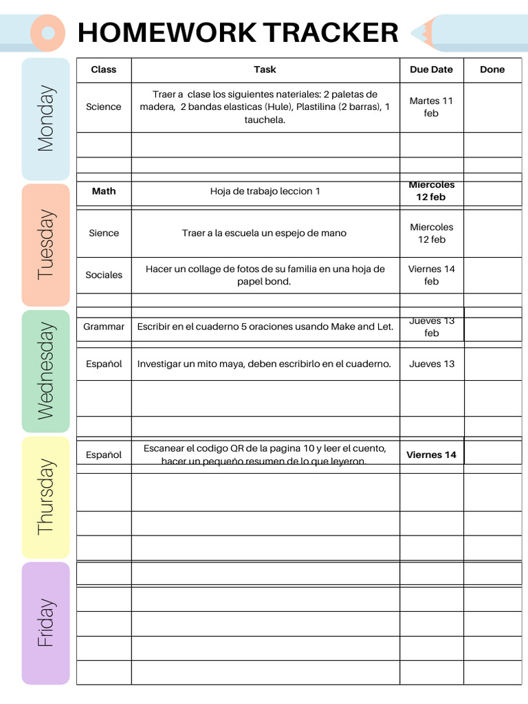 Homework Tracker A4 Document Pastel in Simple Style | PDF
