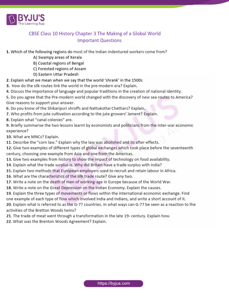 CBSE Class 10 History Chapter 3 The Making of A Global World Important ...