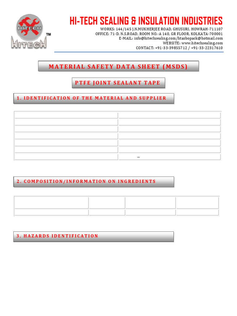 Msds - Ptfe Joint Sealant Tape | PDF | Toxicity | Occupational Safety ...