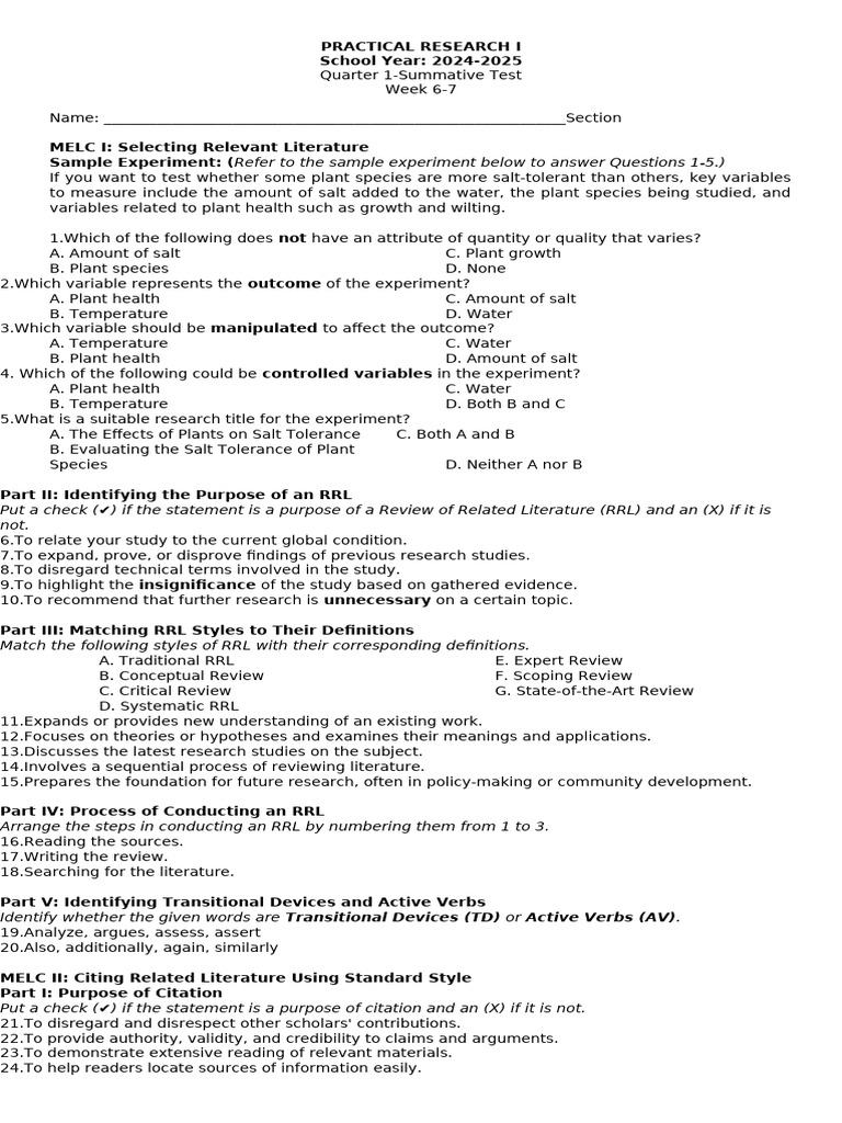 PR1-SUMMATIVE-TEST-WEEK-6-7 | PDF | Citation | Experiment