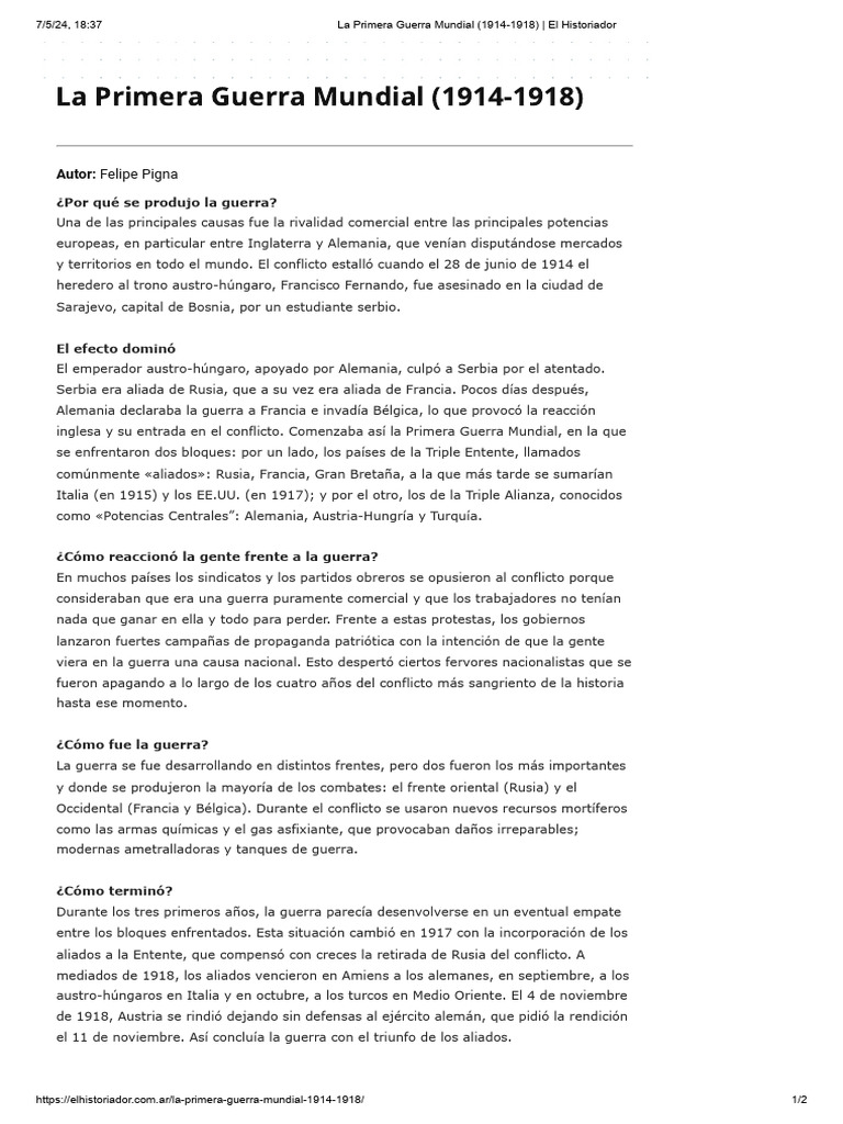 Primera Guerra Mundial - Felipe Pigna | PDF | Primera Guerra Mundial | Austria Hungría