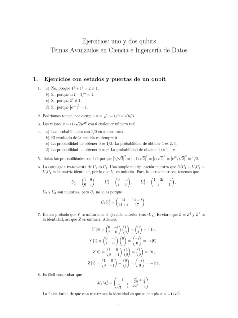 Ejercicios Uno y Dos Qubits - Soluciones | PDF | Matemáticas | Objetos matemáticos