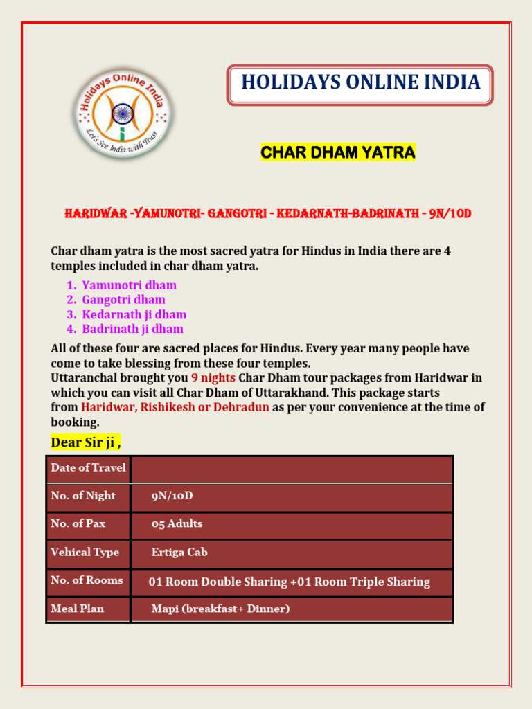 Char Dham Yatra: 9N/10D Package | PDF