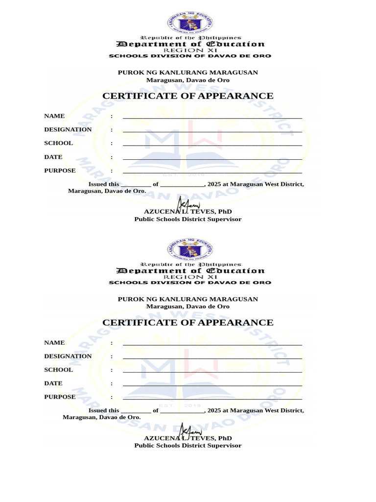 Certificate of Appearance: Purok NG Kanlurang Maragusan Maragusan, Davao de Oro | PDF