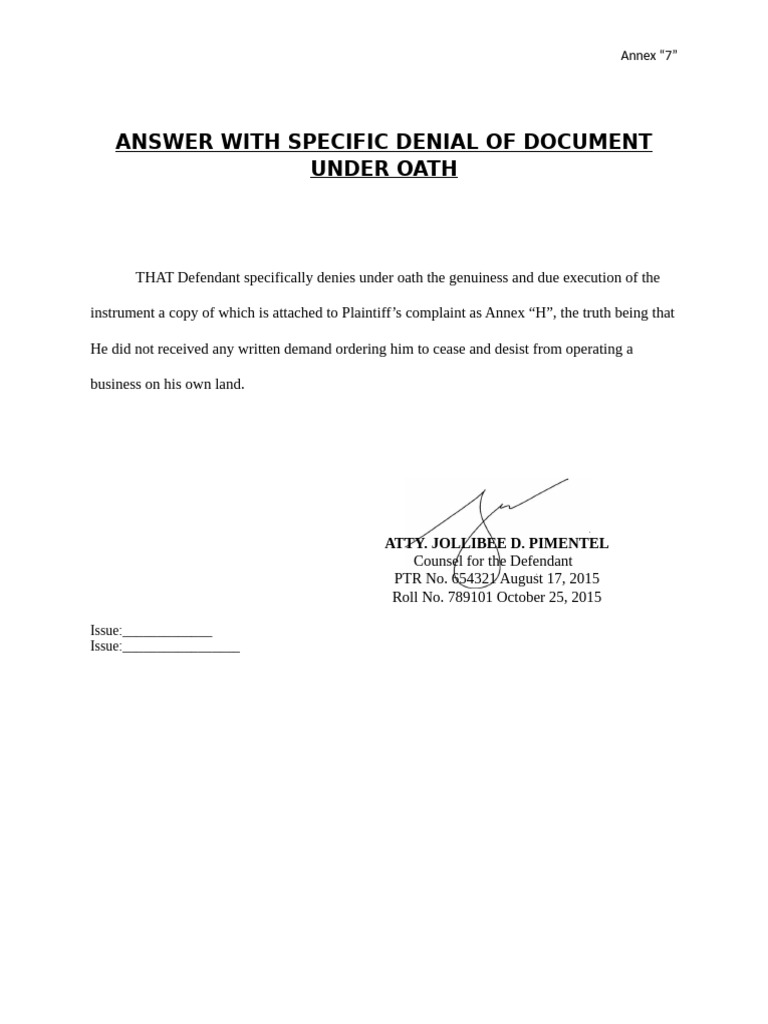 Answer With Specific Denial of Document Under Oath | PDF