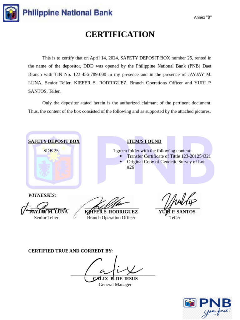 Bank Certification of Safety Deposit Box | PDF