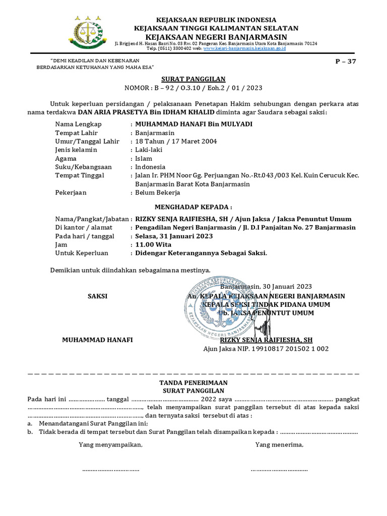 Surat Panggilan Saksi An. MUHAMMAD HANAFI - Perkara Dan Aria Prasetya | PDF