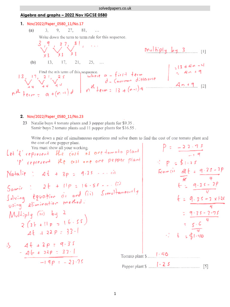 2022N Algebra and Graphs IGCSE 0580 Solved | PDF | Mathematics | Algebra