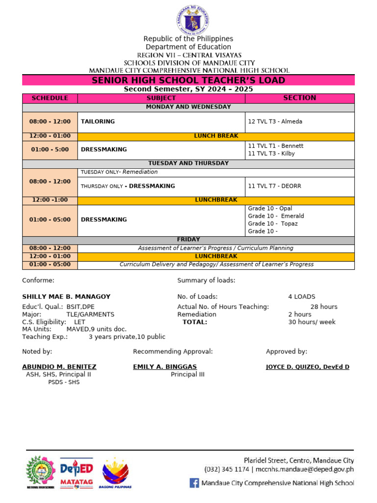 Updated 24 25 Teachers Load Managoy | PDF | Human Communication | Schools