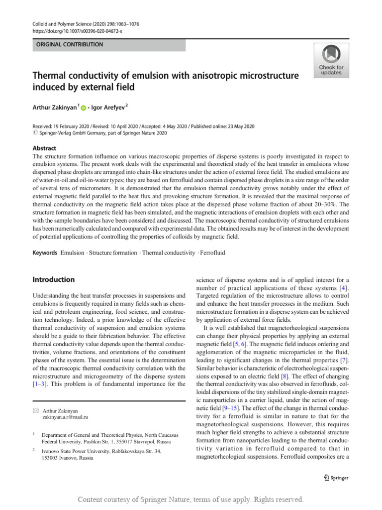Thermal Conductivity of Emulsion With Anisotropic | PDF | Emulsion | Colloid