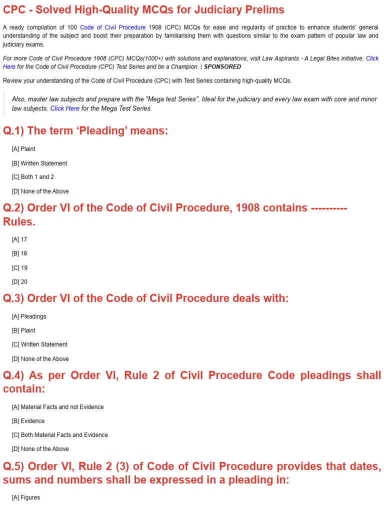 Code of Civil Procedure MCQs For Law Aspirants - Solved High-Quality ...