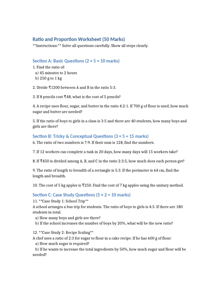 Ratio Proportion Worksheet | PDF