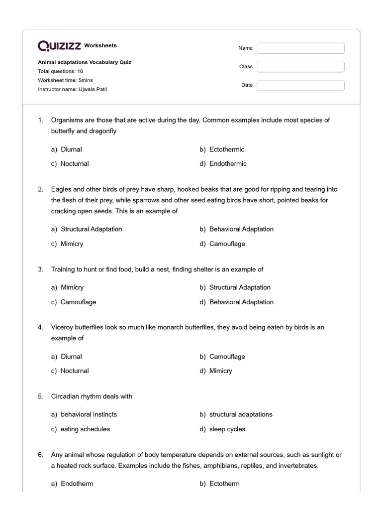 Animal Adaptations Vocabulary Quiz | PDF | Predation | Adaptation