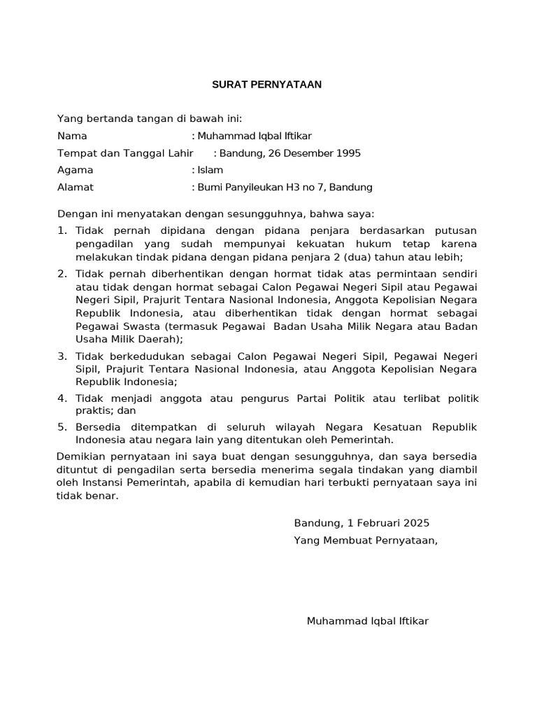 Lampiran-III-Format-Surat-Pernyataan-5-Poin-CPNS-2024 | PDF