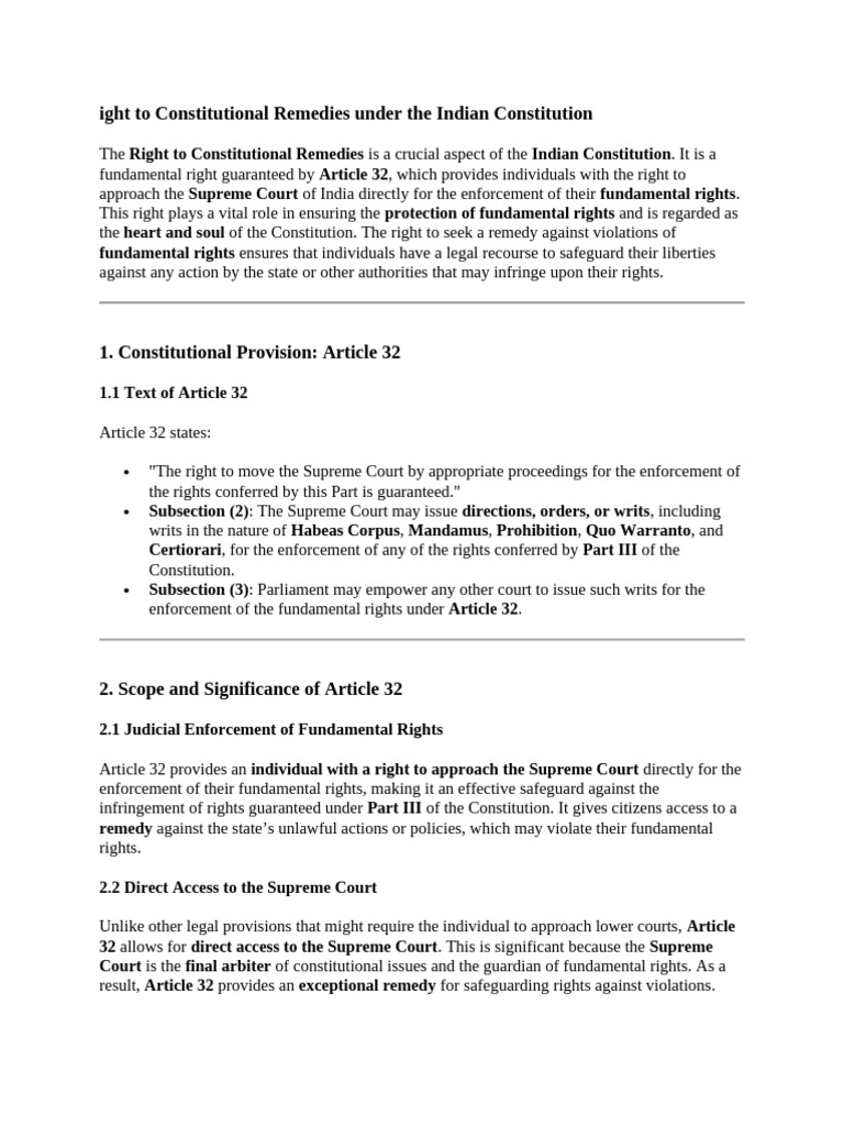 Right to Constitutional Remedies Explained | PDF | Writ | Habeas Corpus
