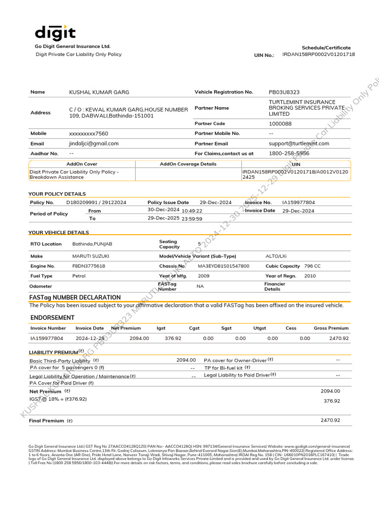 Car Insurance Policy Details | PDF | Driver's License | Insurance