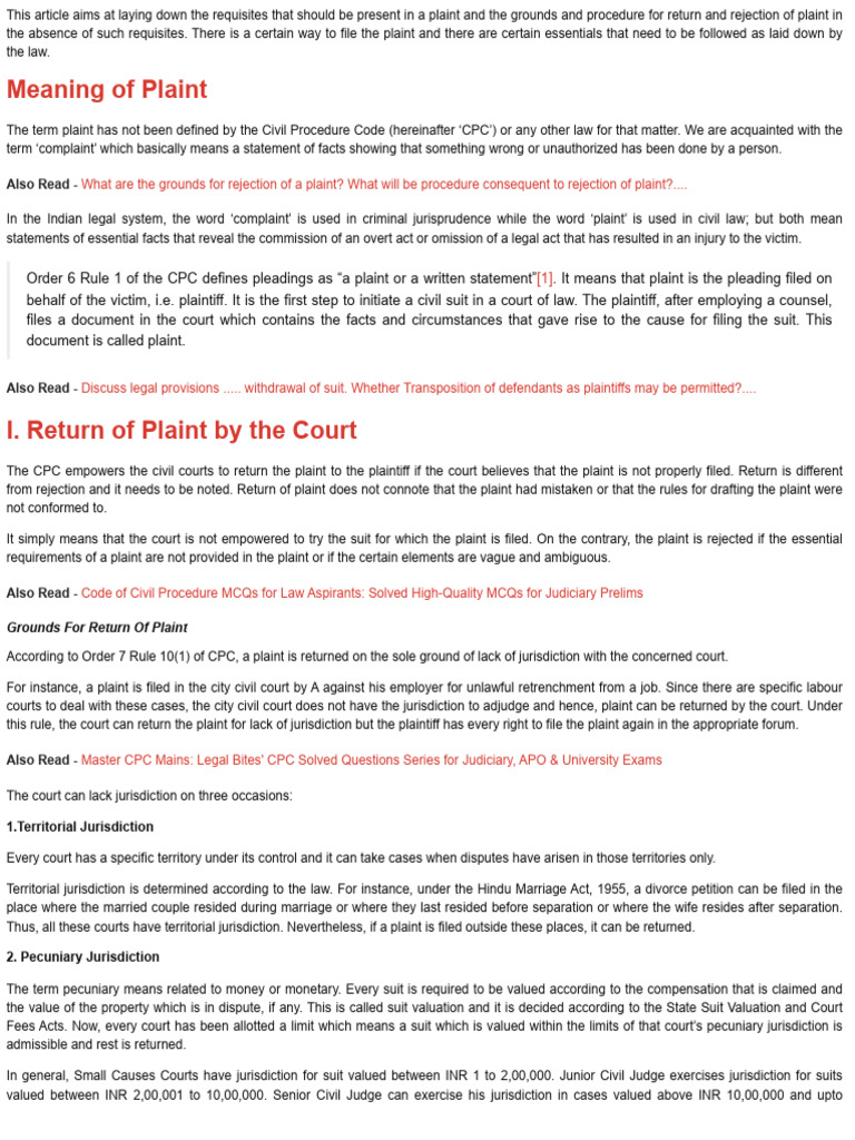Grounds and Procedure For Return and Rejection of Plaint Under CPC ...
