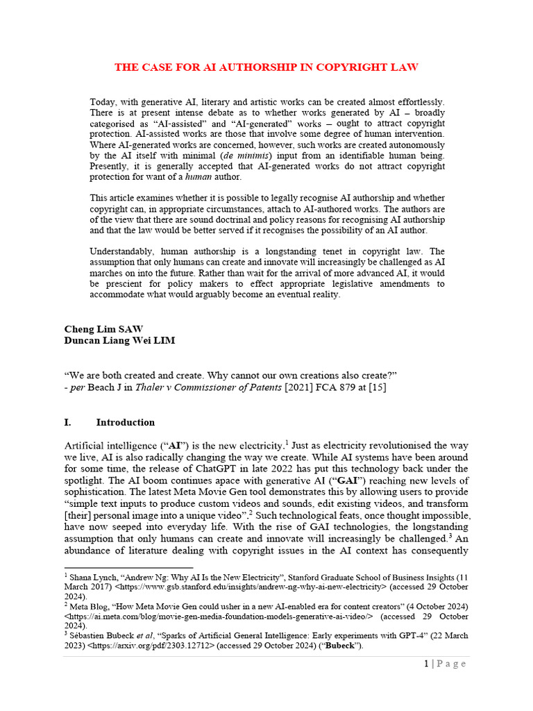 The Case For AI Authorship in Copyright Law | PDF | Machine Learning ...