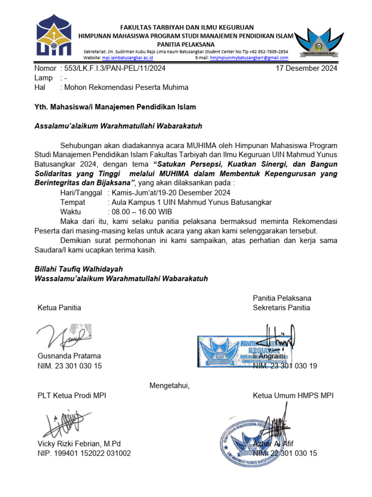 Surat Rekomendasi Peserta Muhima Mpi-B 24 | PDF