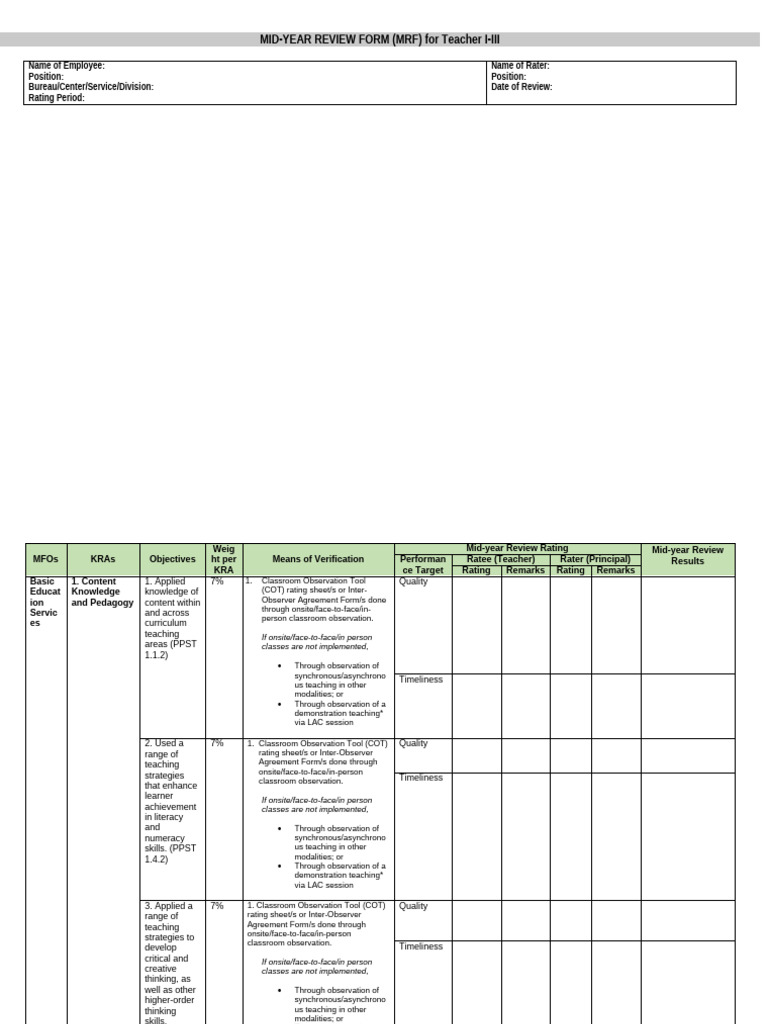 Midyear Review Form For T1-T3 - SY2023-2024 | PDF | Education Theory ...