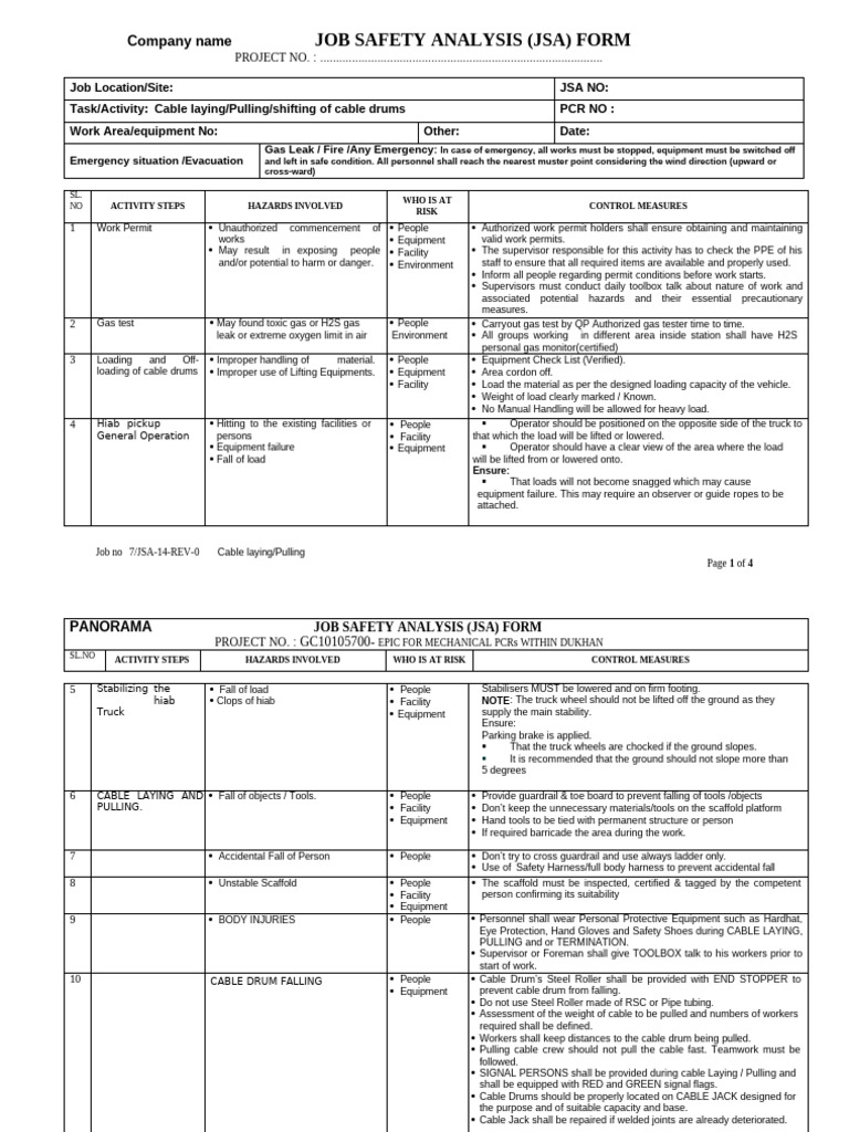 Job Safety Analysis14 For Cable Laying and Pulling | PDF | Occupational ...