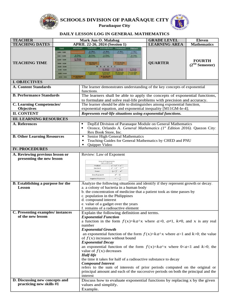 Week 3 APRIL 22 26 2024 - GenMath - 4TH QTR | PDF | Function (Mathematics) | Exponential Function