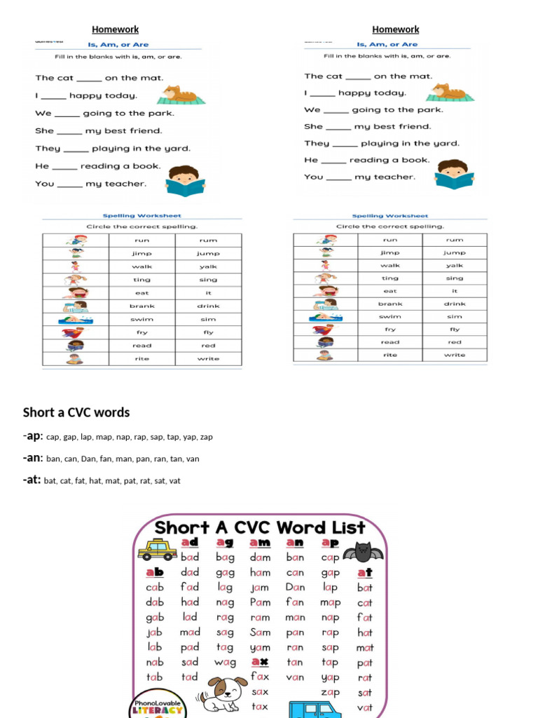 CVC Short A Words Homework | PDF