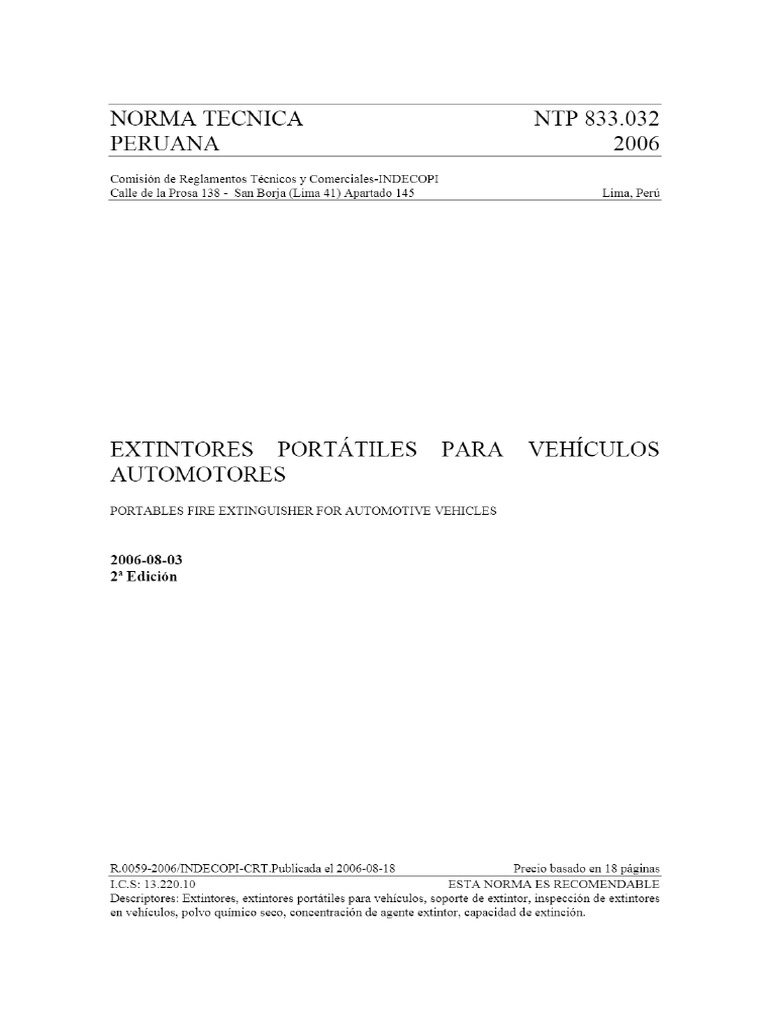 NTP 833-032-2006 Extintores Portátiles para Vehículos | PDF