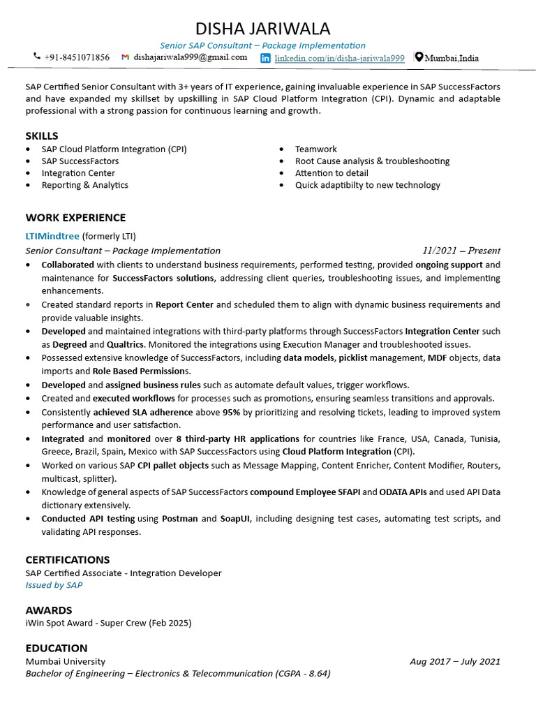 Disha Jariwala - SAP SuccessFactors Consultant Resume | PDF | Computing | Information Technology