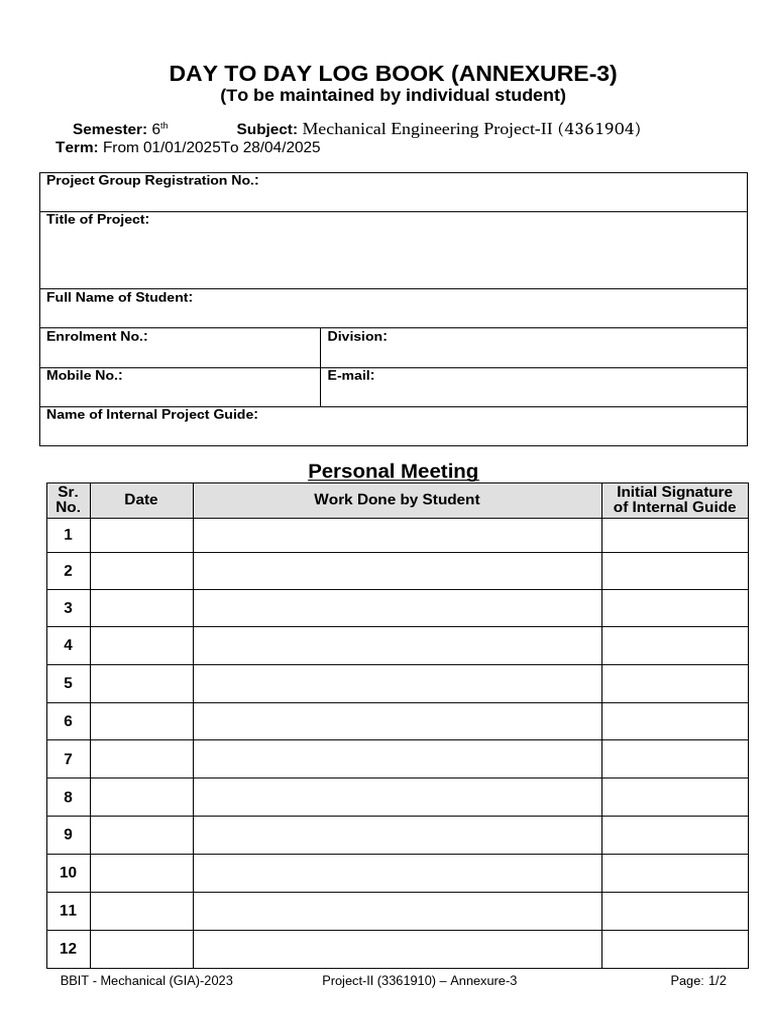 Annexure-3 Day To Day Log Book Project-II Format Last Updated 18-12 ...