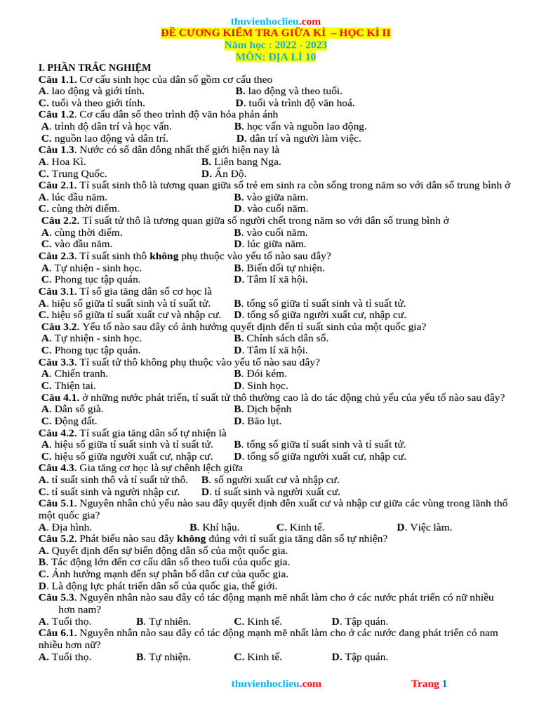 De Cuong On Tap Dia Li 10 Giua HK2 | PDF