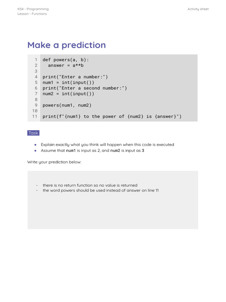 KS4 Programming Functions Activity Sheet | PDF