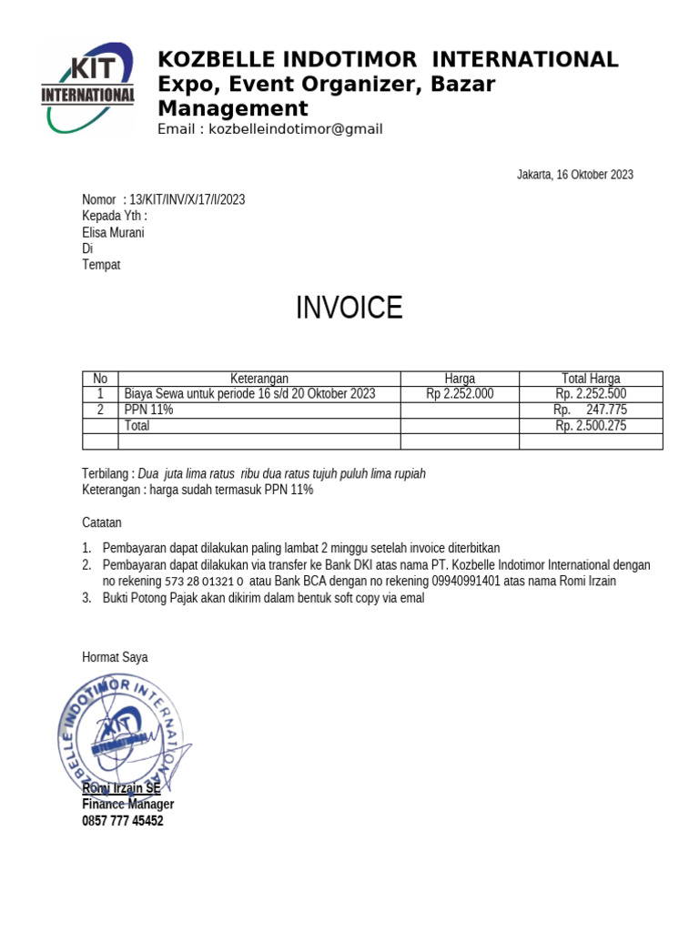 Invoice Sewa 16-20 Oktober 2023 | PDF