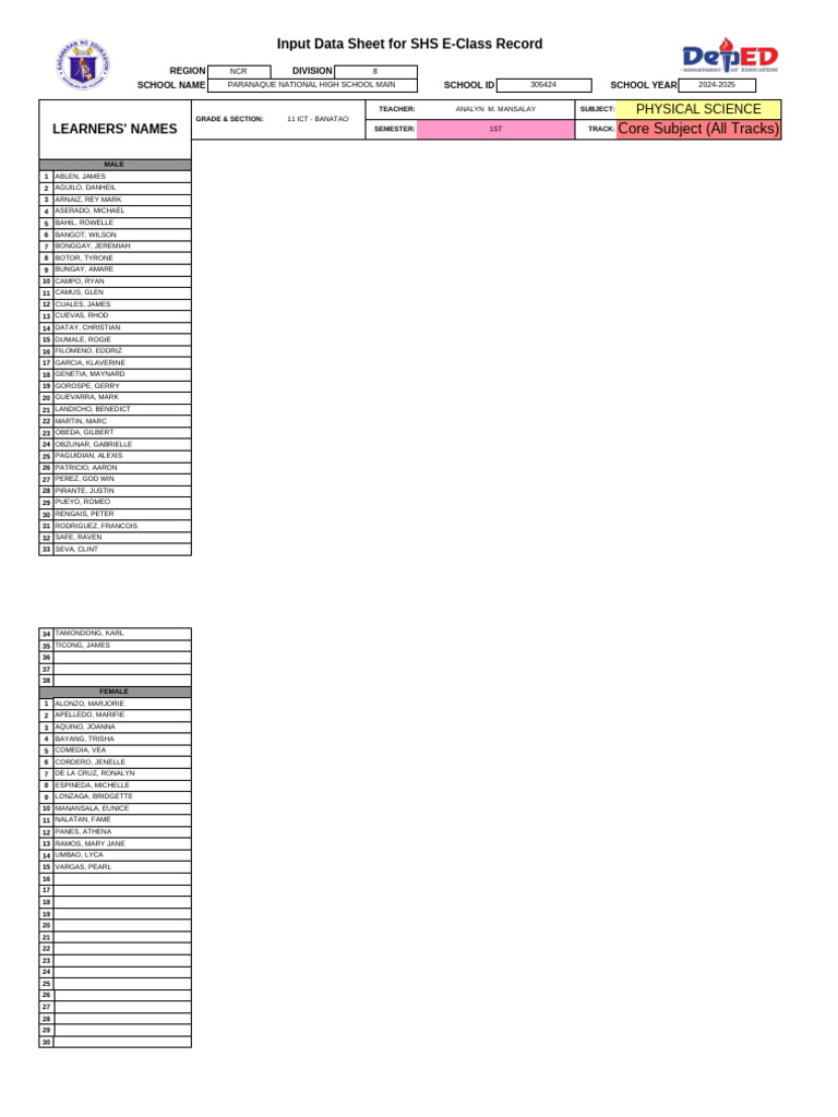 SHS E-Class Record 2024-2025 | PDF