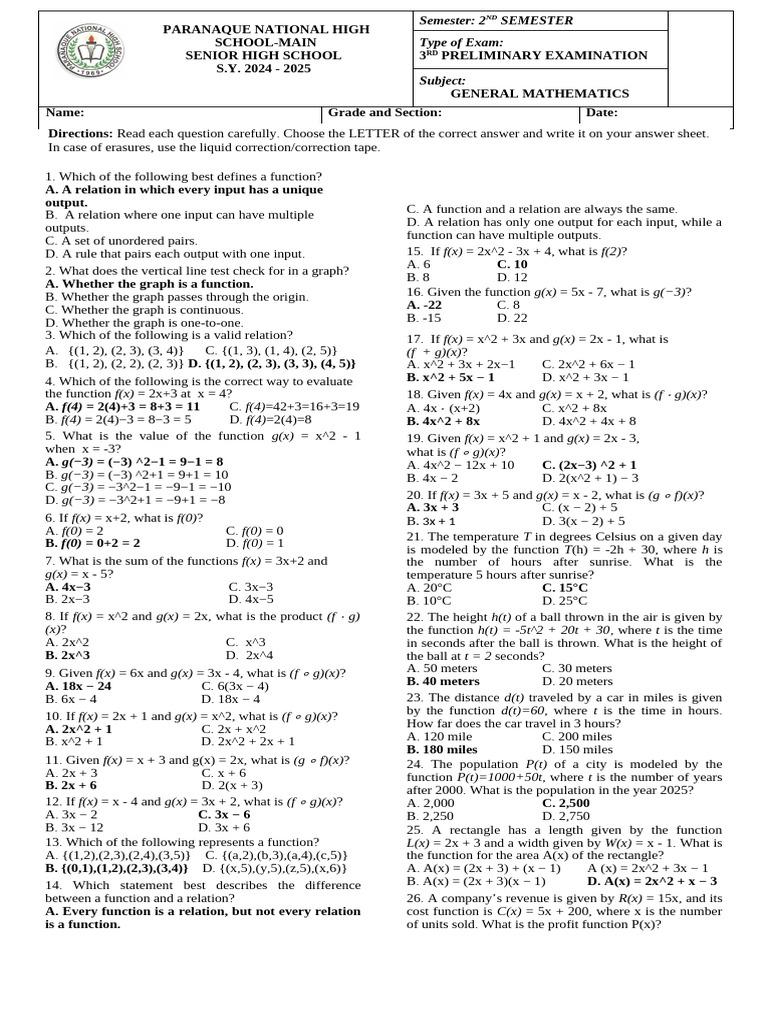 3RD_PRELIM_2024-2025-answer-key | PDF | Function (Mathematics) | Mathematical Relations